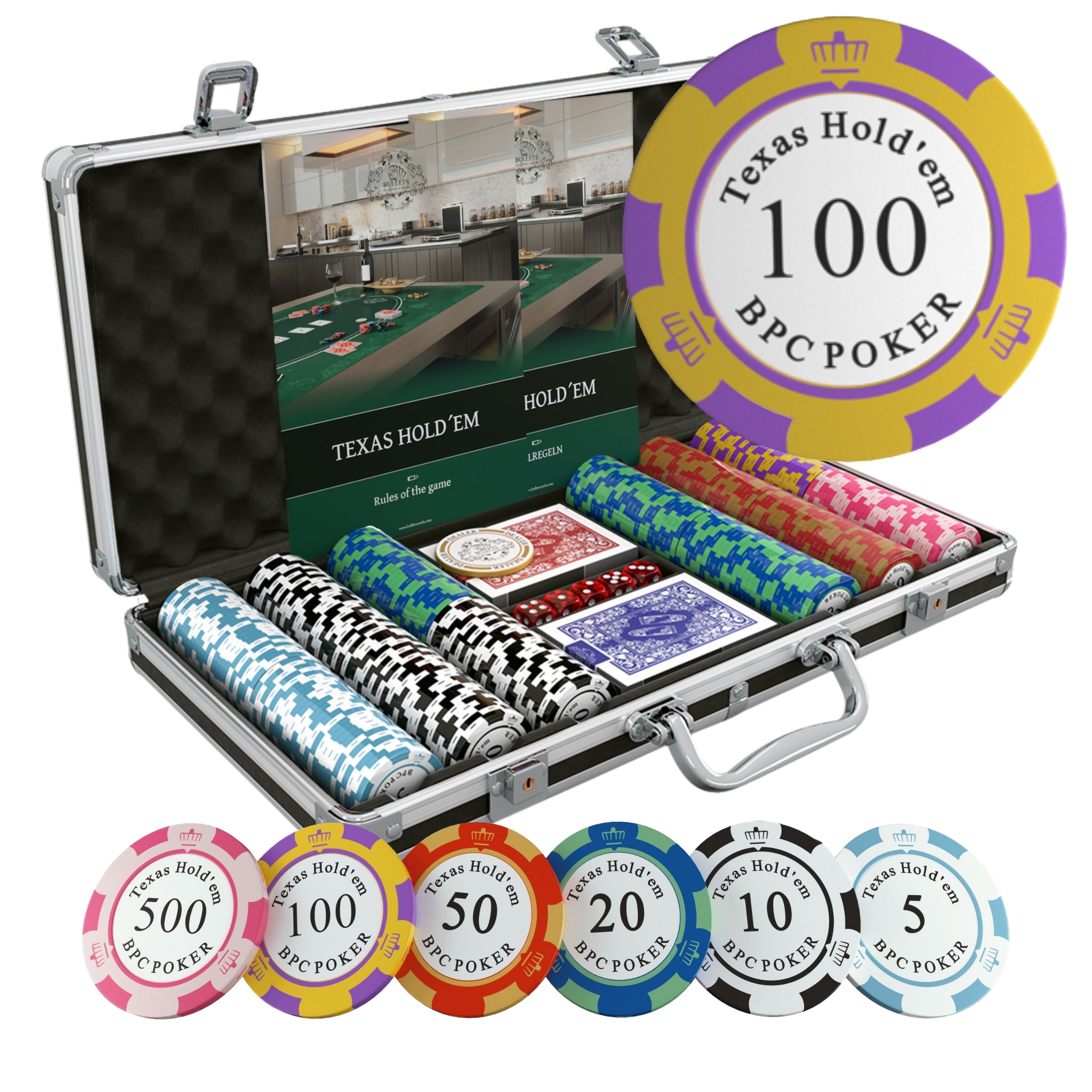 Poker case with 300 clay poker chips "Carmela" with values - Bullets ...